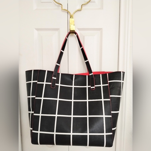 Bags | Windowpane Pattern Black White Oversized Tote | Poshmark